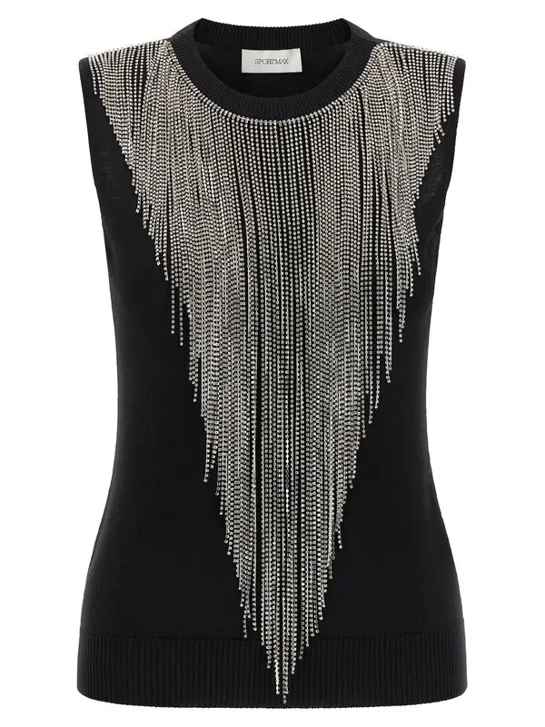 Sportmax Spxcrine Crystal-fringed Virgin Wool Top - Black