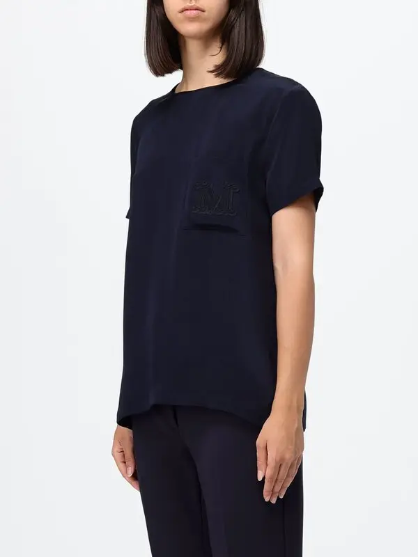 Max Mara Short-sleeved Silk Blouse With Tone-on-tone Monogram - Blue