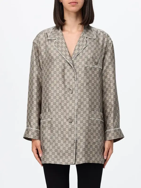 Gucci Gg Monogram Silk Pajama-style Shirt With Revere Collar - Cream