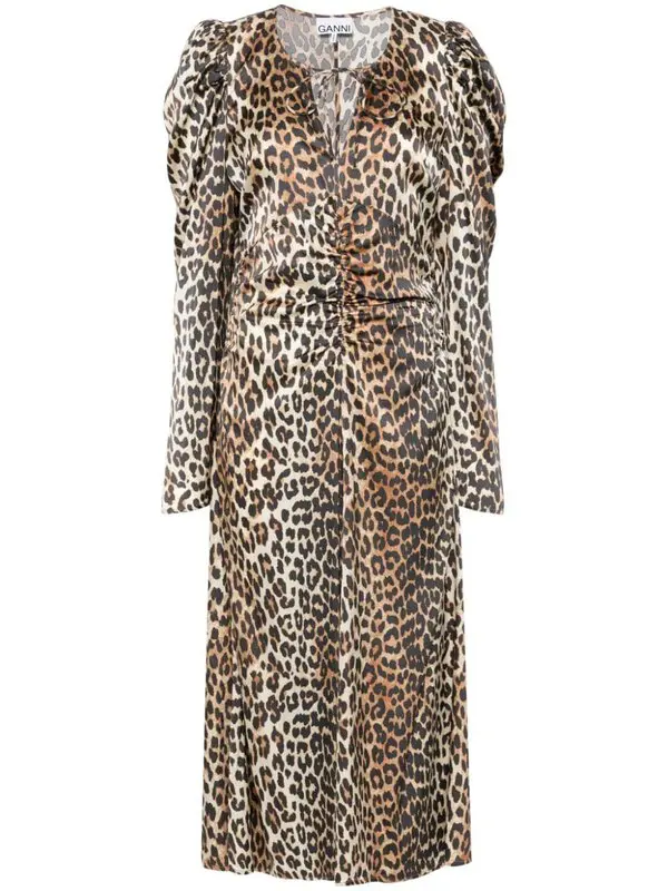 GANNI Leopard Print Midi Dress - Multicolor