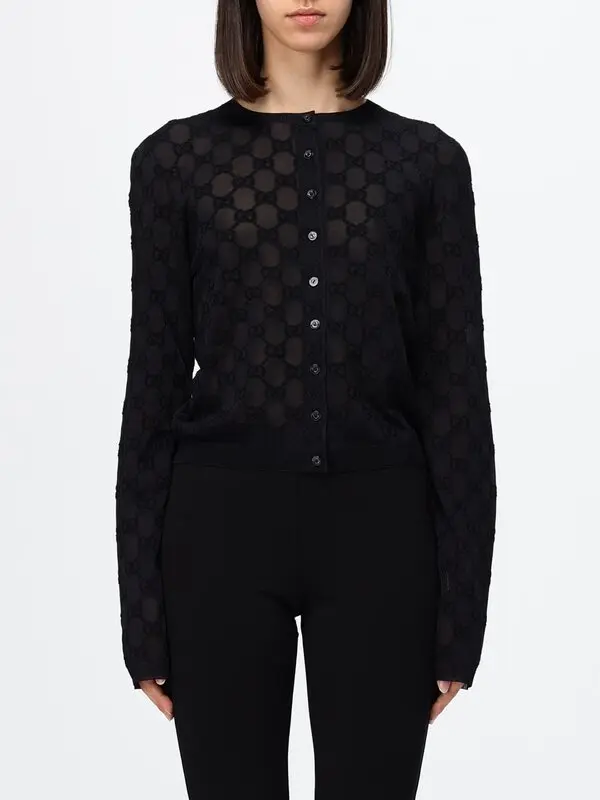 Gucci Slim Fit Crêpe Cardigan With Gg Monogram And Crew Neck - Black