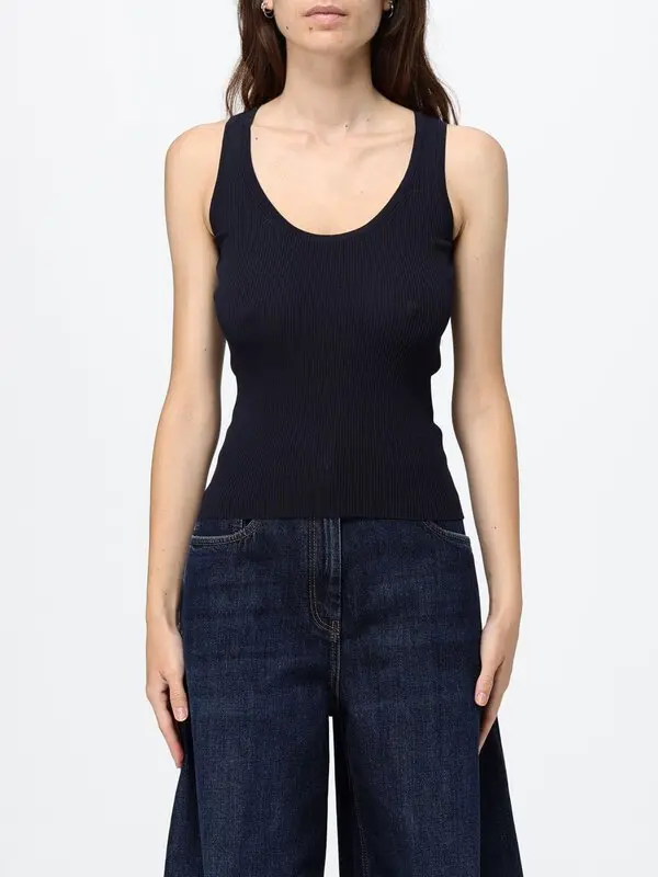 Max Mara Slim Fit Ribbed Cotton Knit U-neck Top - Blue
