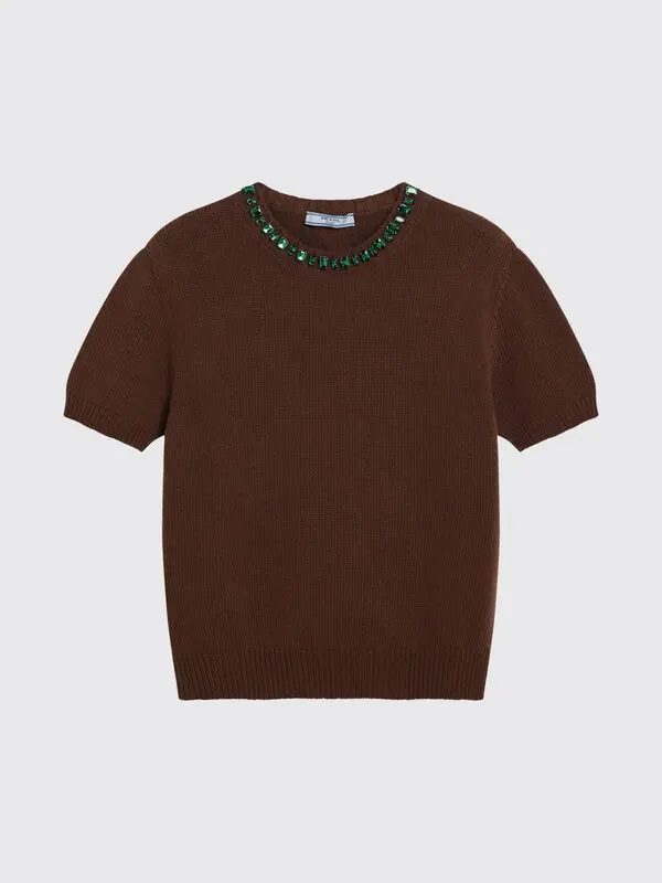 Prada Crew Neck Sweater In Virgin Wool And Cashmere With Applied Rhinestones - Brown