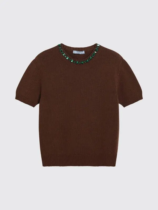 Prada Crew Neck Sweater In Virgin Wool And Cashmere With Applied Rhinestones - Brown