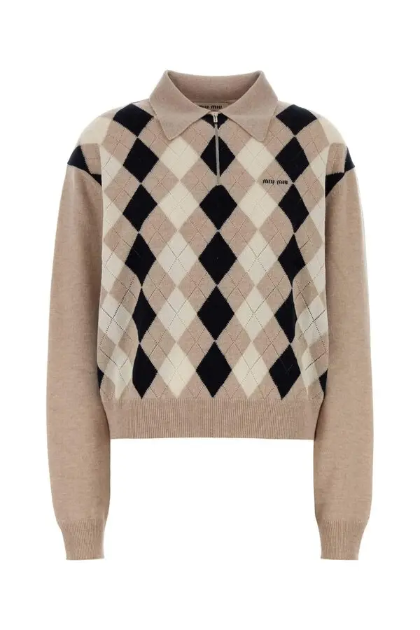 Miu Miu Cashmere Argyle Polo Shirt - Brown