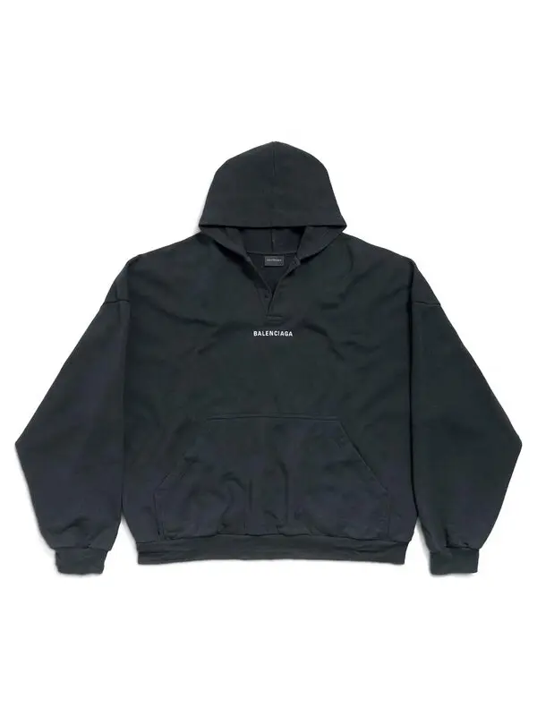 Balenciaga Back Faded Fleece Polo Hoodie - Black