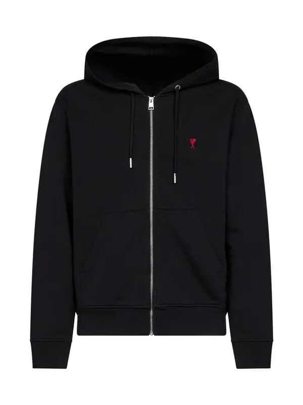 AMI Paris Black Cotton De Cœur Zip-up Hoodie