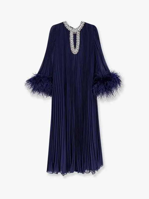 SELF-PORTRAIT Chiffon Long Dress With Ostrich Feathers - Blue