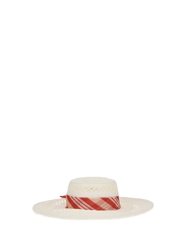 ERMANO SCERVINO Wide-brim Hat With Vichy Print Silk Scarf - White