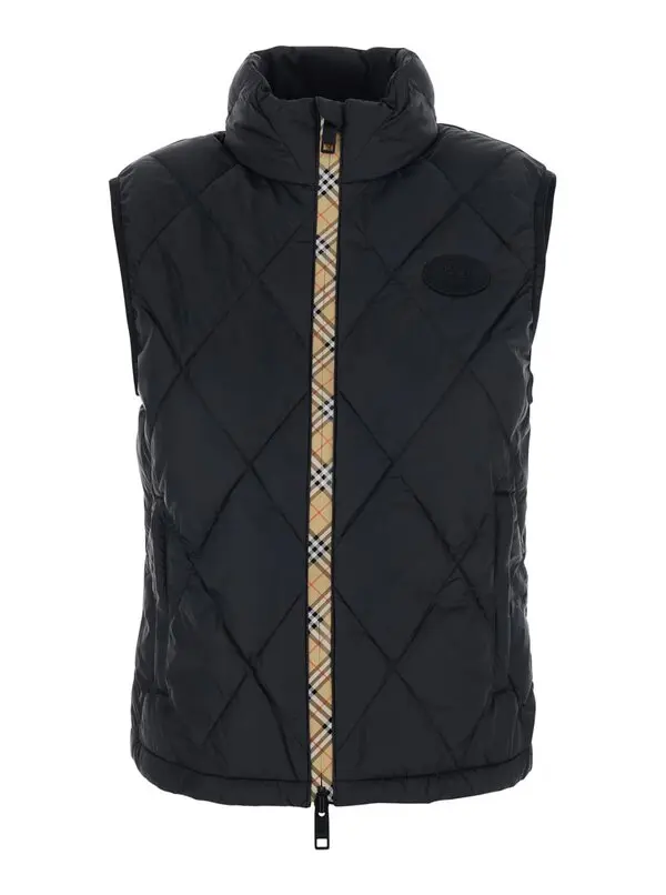 Burberry Cheswick' Black Sleeveless Down Jacket With High Collar And Check Detail On The Front In Tech Fabric For - Multicolor
