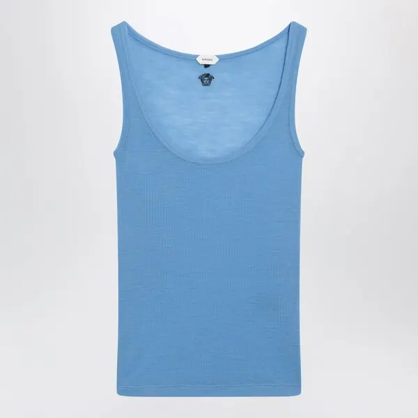 Versace Wool Tank Top With Logo Embroidery - Blue