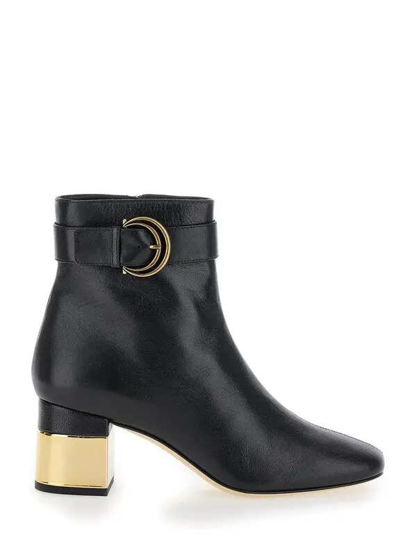 Chloé Alize' Black Ankle Boots With C Buckle In Smooth Leather - Multicolor