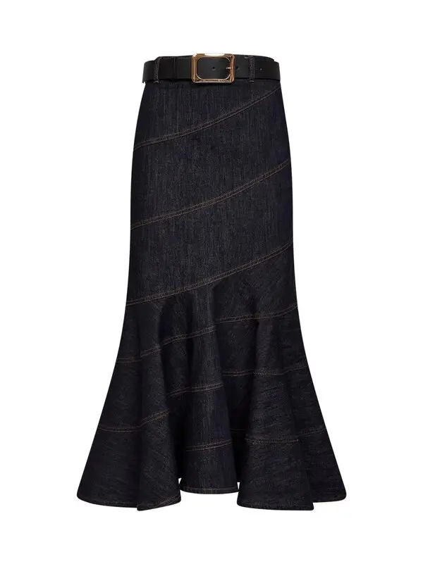 SELF-PORTRAIT Denim Belted Midi Skirt - Multicolor