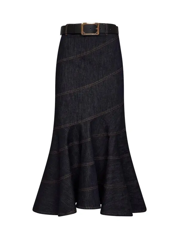 SELF-PORTRAIT Denim Belted Midi Skirt - Multicolor