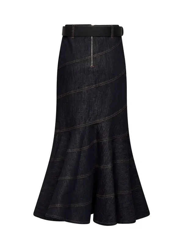 SELF-PORTRAIT Denim Belted Midi Skirt - Multicolor
