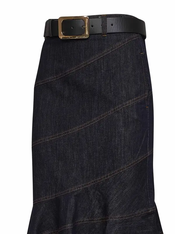 SELF-PORTRAIT Denim Belted Midi Skirt - Multicolor