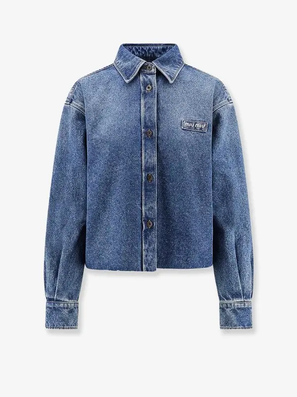 Miu Miu Denim Shirt With Logo Patch - Multicolor