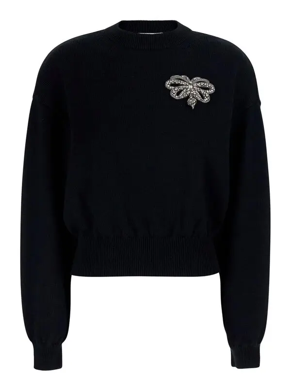 Givenchy Black Crew Neck Sweater With Crystals Applied On The Front In Wool And Cotton Blend - Multicolor