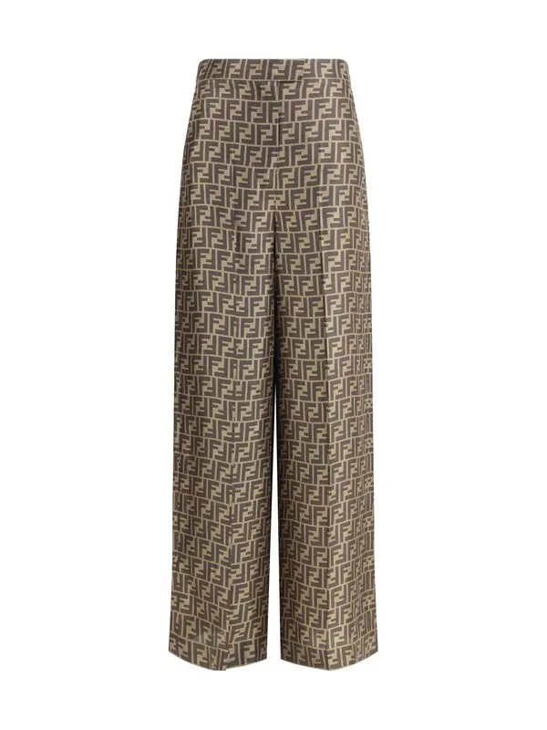 Fendi Monogram Pattern Silk Pants - Brown