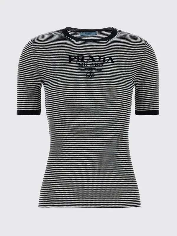 Prada Striped Recycled Silk Crew Neck Sweater With Logo - Blue