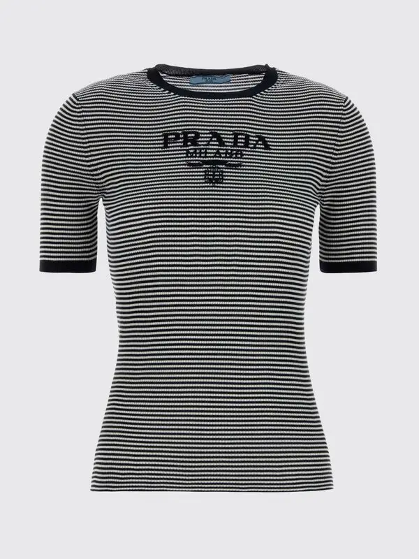 Prada Striped Recycled Silk Crew Neck Sweater With Logo - Blue