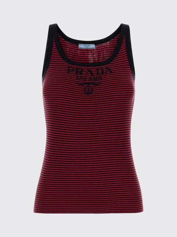 Prada Striped Silk Tank Top With Logo - Blue