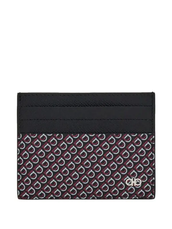 FERRAGAMO Micro Gancio-print Hammered Leather Card Holder - Black