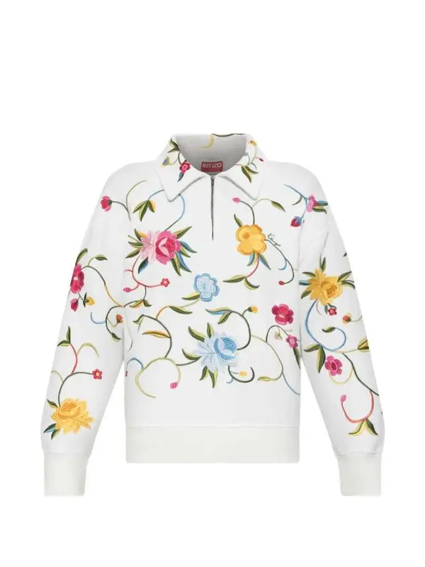 Kenzo Quarter-zip Sweatshirt With Floral Embroidery - White