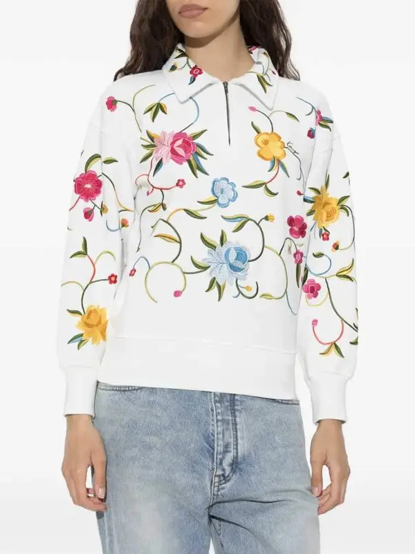 Kenzo Quarter-zip Sweatshirt With Floral Embroidery - White