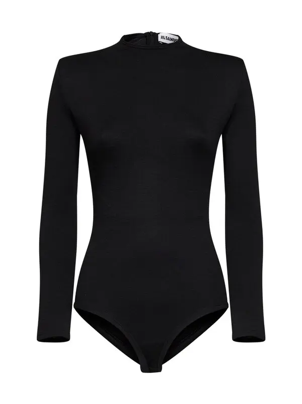 JIL SANDER Black Compact Wool Knit Fitted Bodysuit