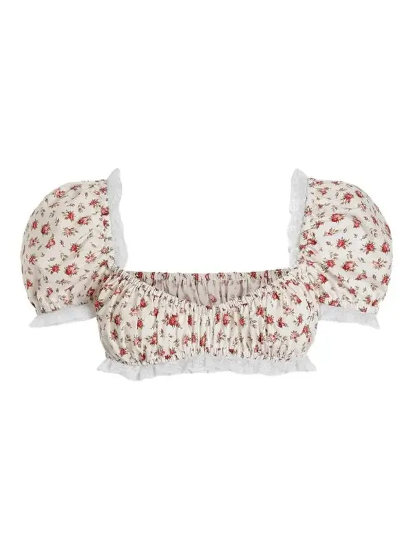 Dolce & Gabbana Floral Print Lace Trim Crop Top - White