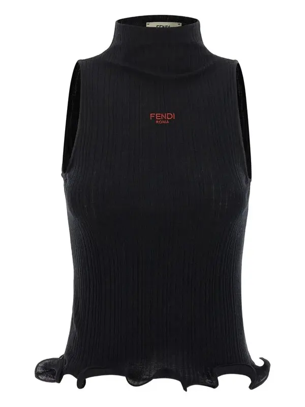 Fendi High Neck Fitted Sleeveless Top With Ruffles