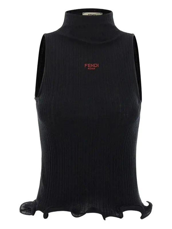 Fendi High Neck Fitted Sleeveless Top With Ruffles - Black