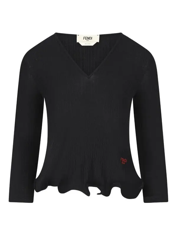 Fendi V-neck Ribbed Top With Ruffles - Black
