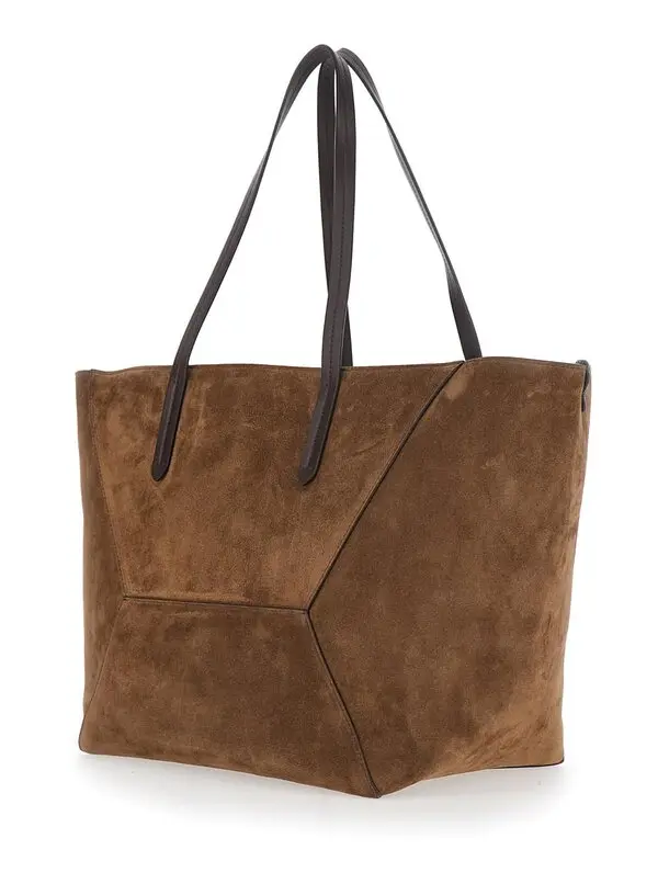 Brunello Cucinelli Duo' Brown Tote Bag With Panelled Design And Two Top Handles In Suede For - Multicolor