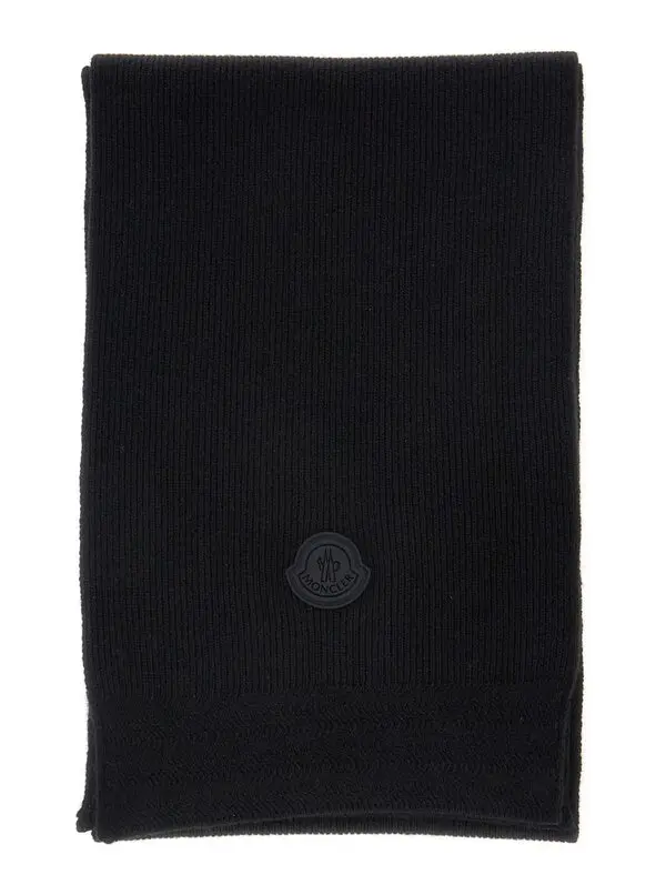 Moncler Black Scarf With Logo Patch On The Front In Wool For - Multicolor