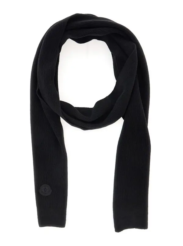 Moncler Black Scarf With Logo Patch On The Front In Wool For