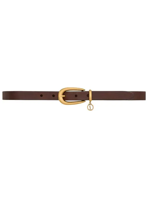 Saint Laurent Cassandre Charm Elongated Buckle Thin Belt In Leather - Brown