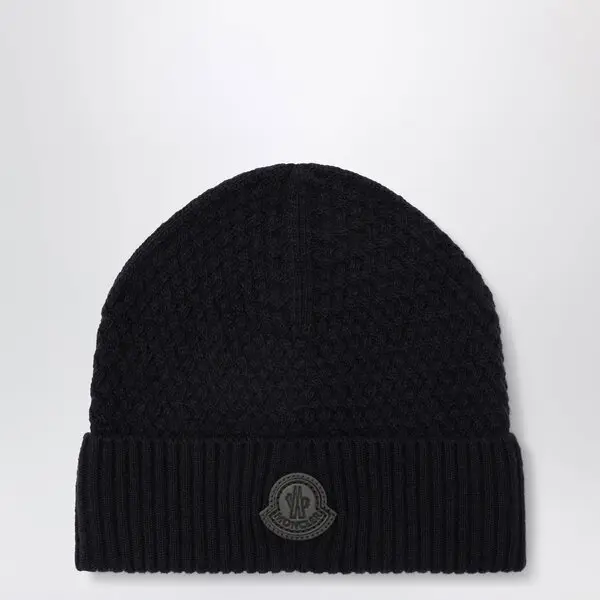 Moncler Navy Wool Beanie With Logo Patch - Blue