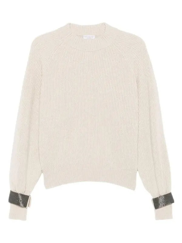 Brunello Cucinelli Cashmere Ribbed Sweater With Embellished Cuffs - Multicolor