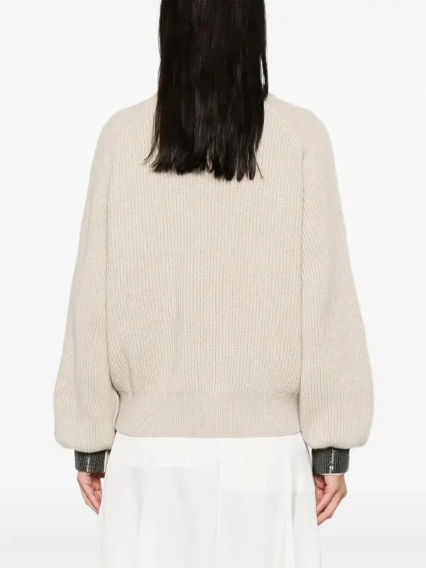 Brunello Cucinelli Cashmere Ribbed Sweater With Embellished Cuffs - Multicolor