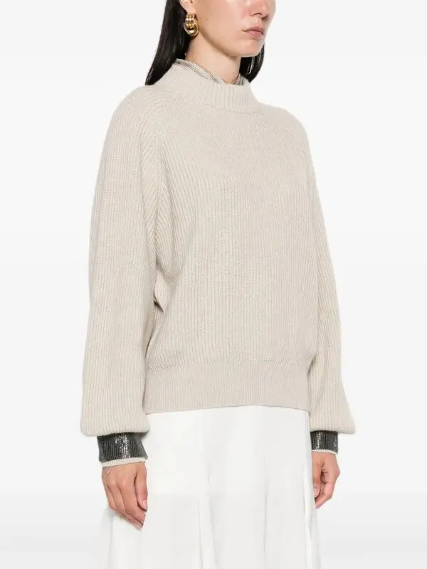 Brunello Cucinelli Cashmere Ribbed Sweater With Embellished Cuffs - Multicolor
