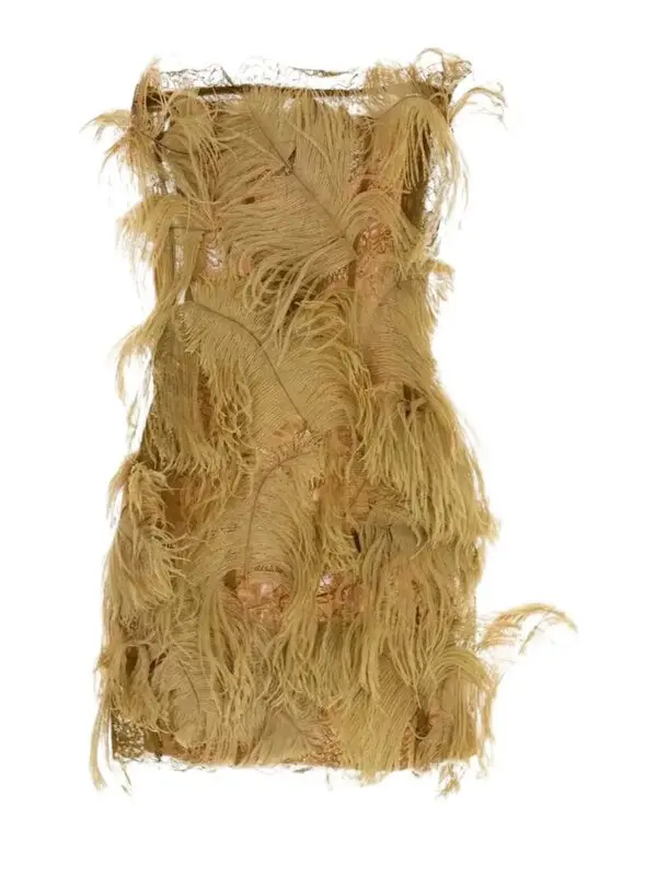 Attico Strapless Lace And Mesh Mini Dress With Fringe - Green