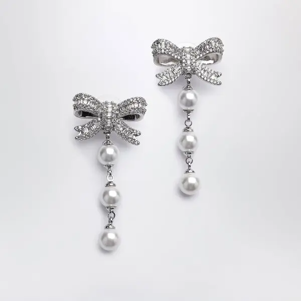 SELF-PORTRAIT Crystal Bow And Pearl Drop Earrings - Silver