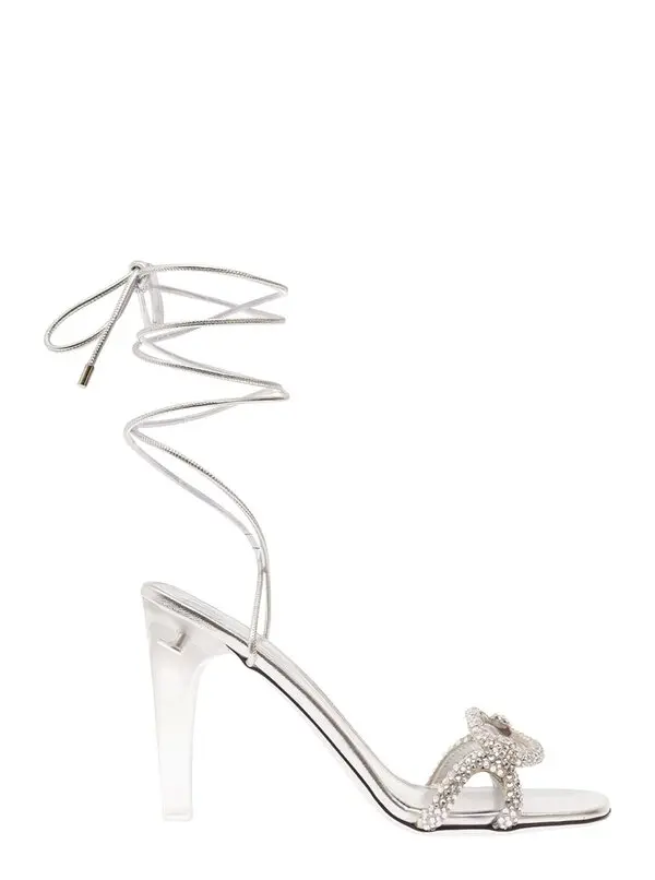 Valentino Garavani Chain 1967' Silver Sandal With Laces And Trasparent Heel In Metallic Nappa Leather - Multicolor