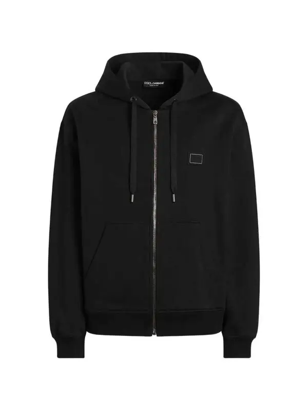 Dolce & Gabbana Cotton Hoodie With Logo Plaque - Black