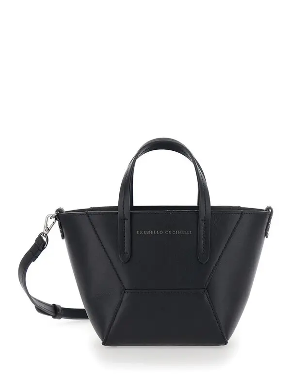 Brunello Cucinelli Duo' Black Mini Bag With Adjustable And Removable Shoulder Strap And Logo Lettering On The Front In Leather For - Multicolor
