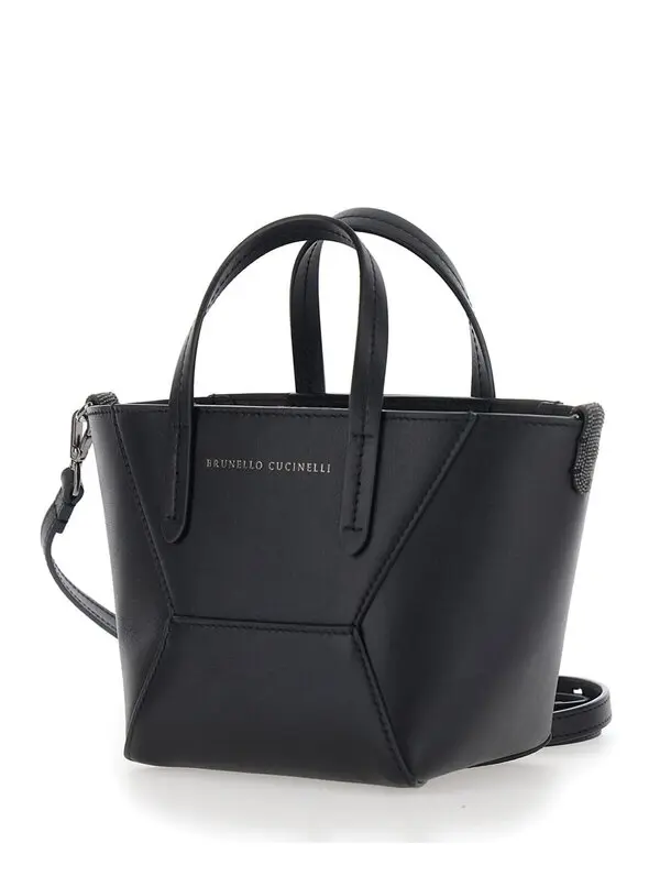 Brunello Cucinelli Duo' Black Mini Bag With Adjustable And Removable Shoulder Strap And Logo Lettering On The Front In Leather For - Multicolor