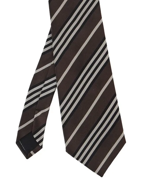 Saint Laurent Brown Tie With All-over Stripe Motif In Silk For - Multicolor