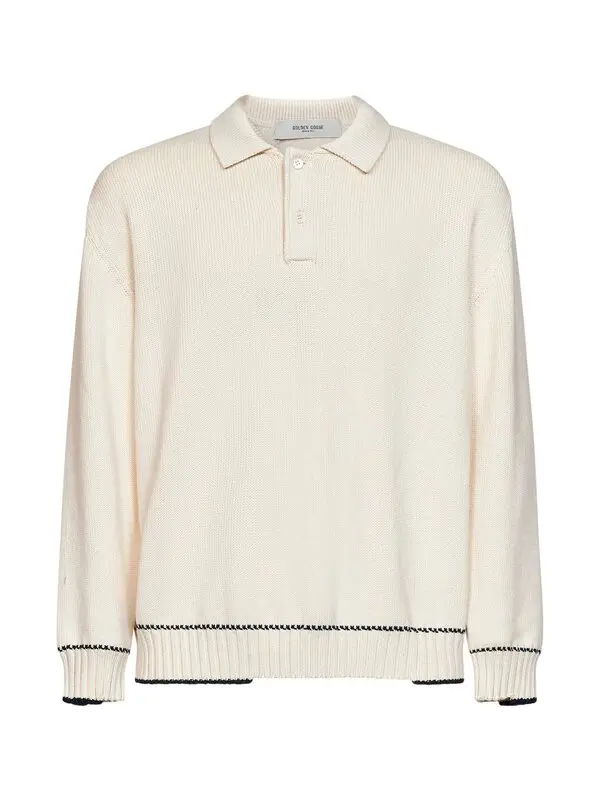 GOLDEN GOOSE White Cotton Knit Polo Shirt With Print - Multicolor
